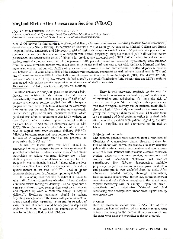 (PDF) Vaginal birth after Cesarean section (VBAC)