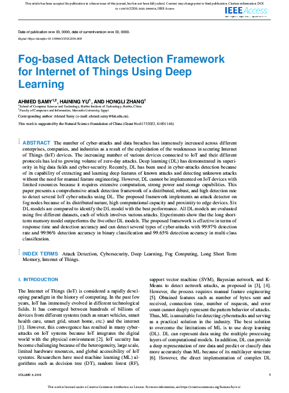 (PDF) Fog-based Attack Detection Framework for Internet of Things Using Deep Learning