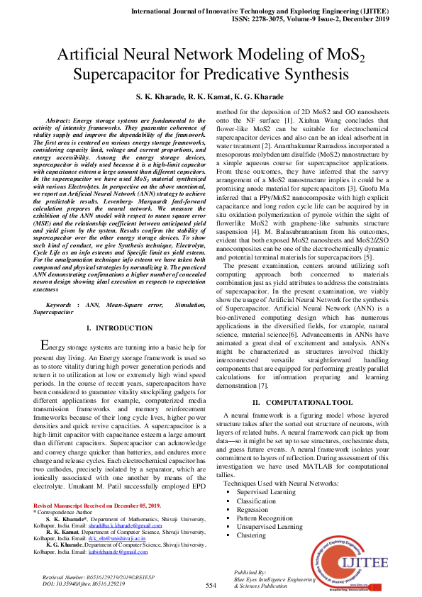 (PDF) Artificial Neural Network Modeling of MoS2 Supercapacitor for Predicative Synthesis