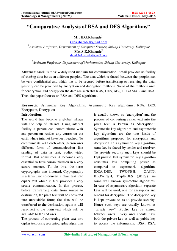(PDF) Comparative Analysis of RSA and DES Algorithms