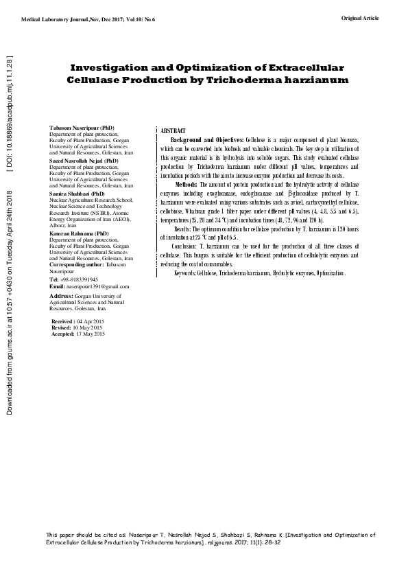 Pdf Investigation And Optimization Of Extracellular Cellulase Production By Trichoderma Harzianum