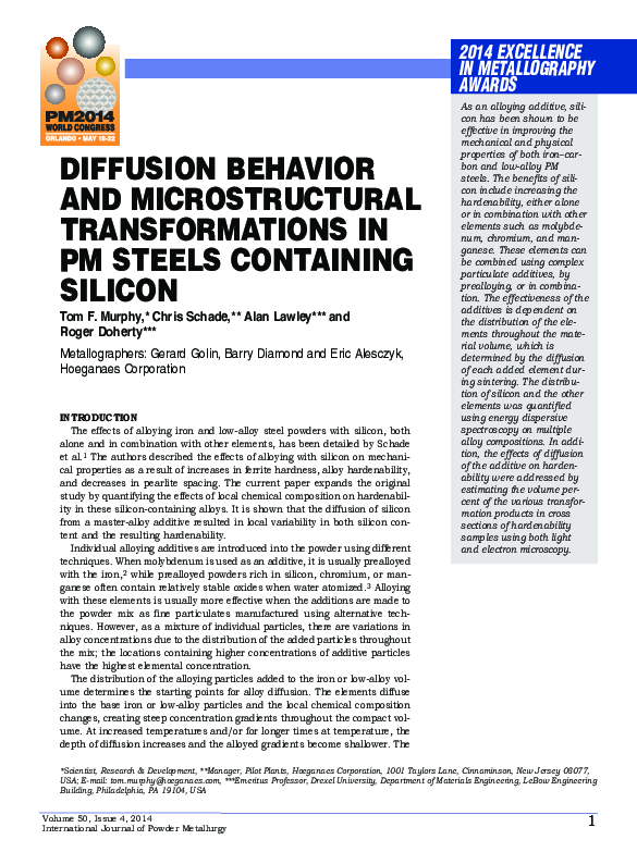 (PDF) Diffusion Behavior and Microstructural Transformations in PM Steels Containing Silicon