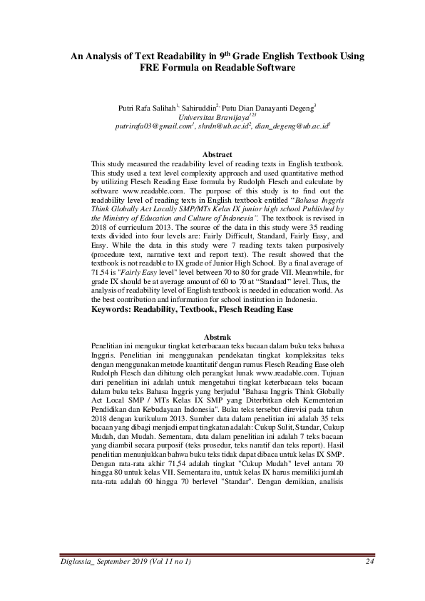 (PDF) An Analysis of Text Readability in 9th Grade English Textbook ...
