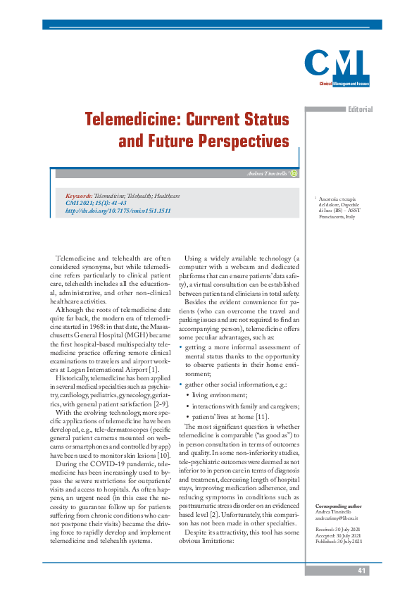 (PDF) Telemedicine: Current Status and Future Perspectives