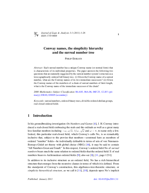 (PDF) Conway names, the simplicity hierarchy and the surreal number tree