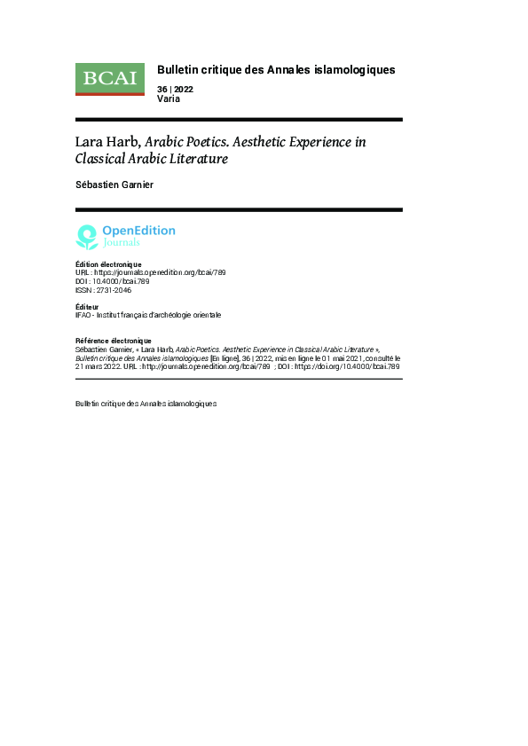 (PDF) Lara HARB, Arabic Poetics. Aesthetic Experience in Classical ...
