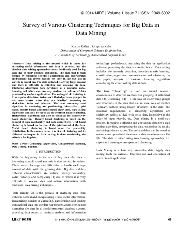 (PDF) Survey of Various Clustering Techniques for Big Data in Data Mining