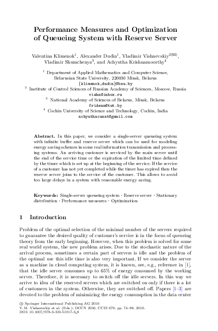 Pdf Performance Measures And Optimization Of Queueing System With Reserve Server