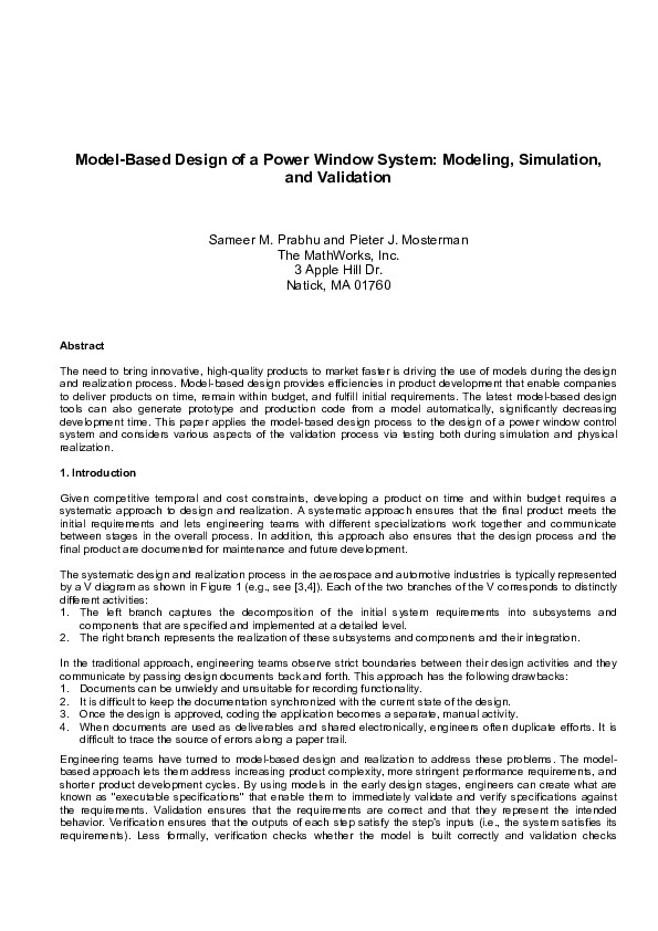 Pdf Model Based Design Of A Power Window System Modeling Simulation And Validation