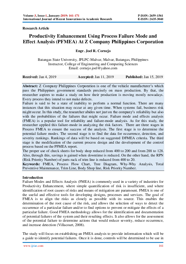 (PDF) Productivity Enhancement Using Process Failure Mode and Effect Analysis (PFMEA) At Z ...