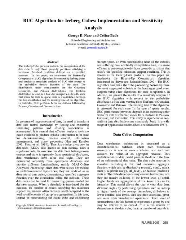 (PDF) BUC Algorithm for Iceberg Cubes: Implementation and Sensitivity Analysis