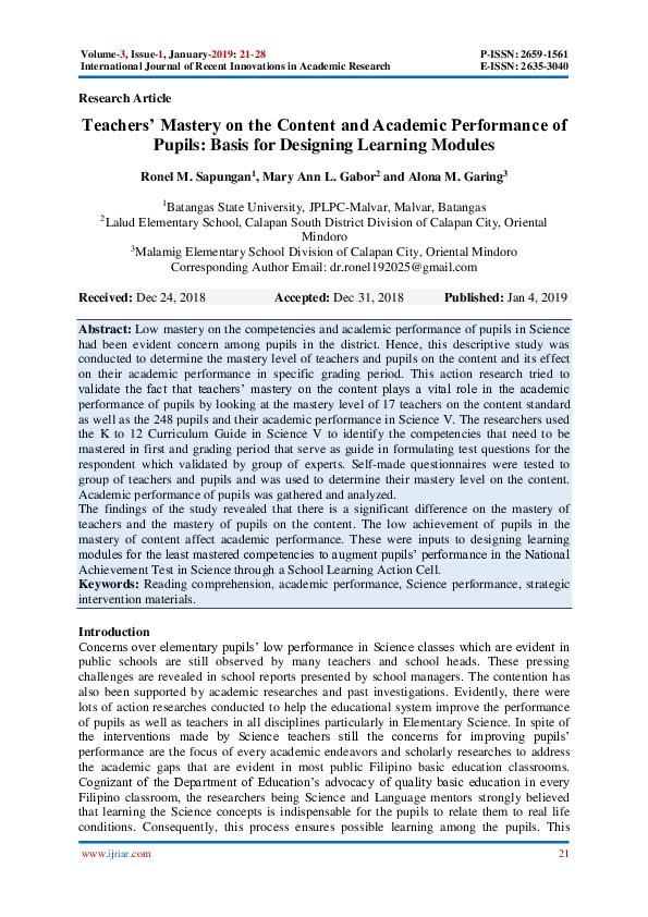 (PDF) Teachers' Mastery on the Content and Academic Performance of ...