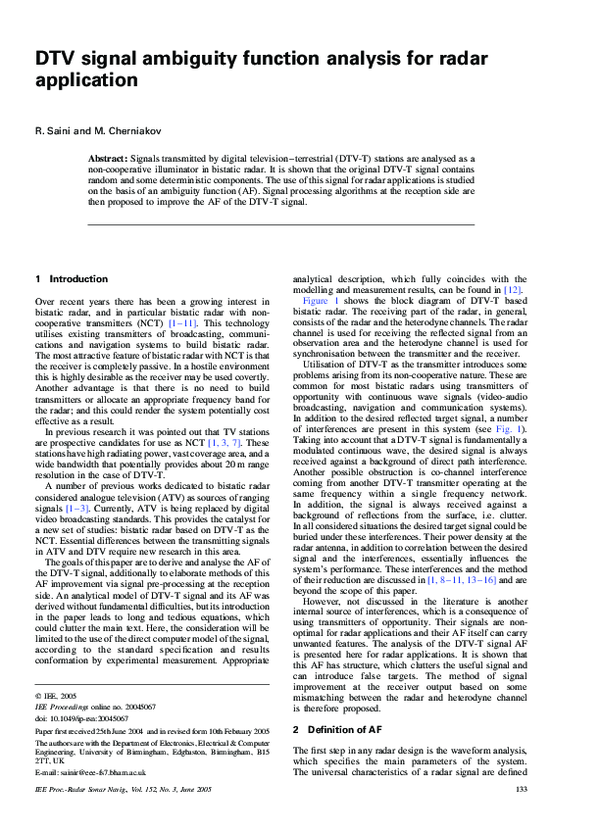 (PDF) DTV signal ambiguity function analysis for radar application