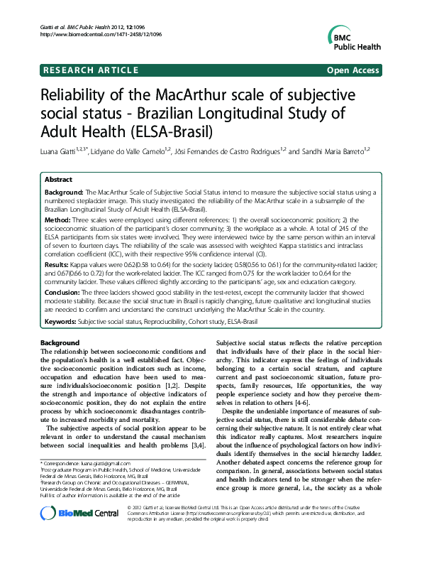 (PDF) Reliability of the MacArthur scale of subjective social status ...