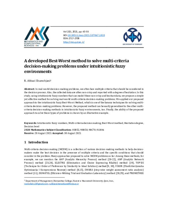 (PDF) A developed Best-Worst method to solve multi-criteria decision ...