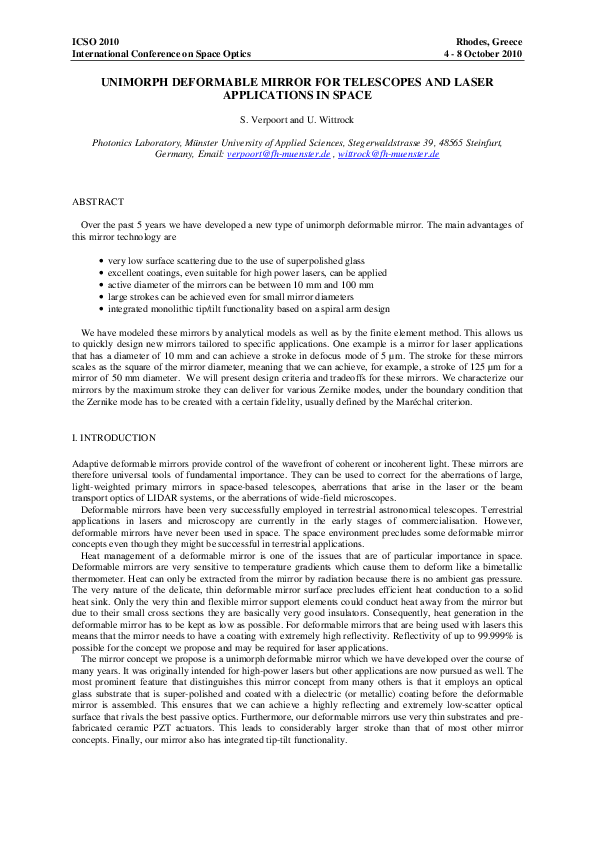 (PDF) Unimorph deformable mirror for telescopes and laser applications