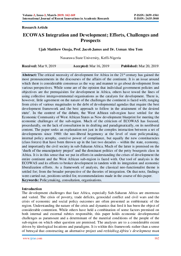 (PDF) ECOWAS Integration and Development; Efforts, Challenges and Prospects