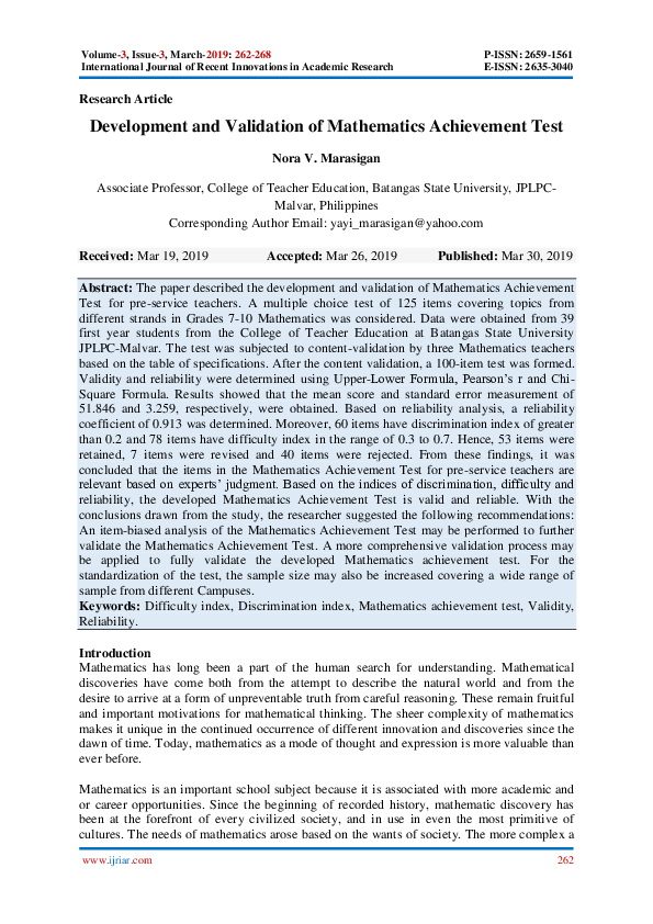 (PDF) Development and Validation of Mathematics Achievement Test