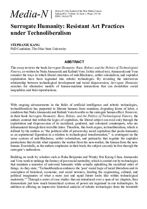 (PDF) Surrogate Humanity: Resistant Art Practices under Technoliberalism