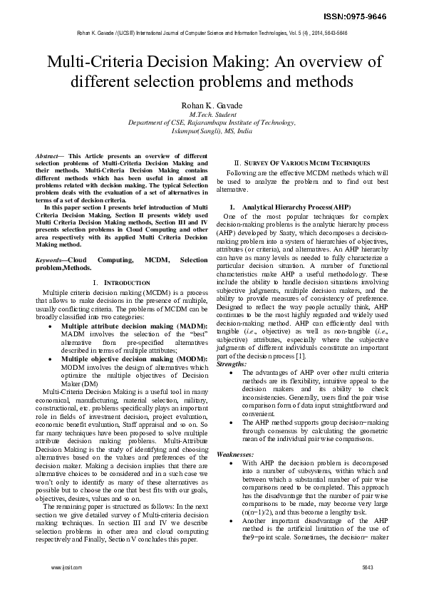 (PDF) Multi-Criteria Decision Making : An overview of different ...