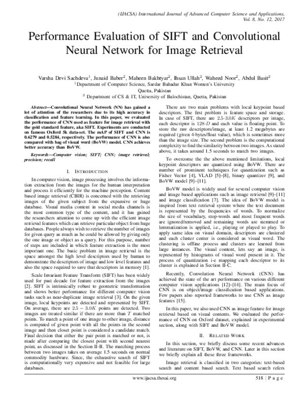 Pdf Performance Evaluation Of Sift And Convolutional Neural Network For Image Retrieval 
