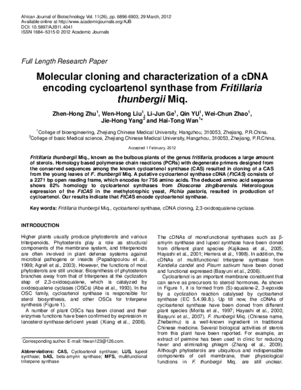 (PDF) Molecular cloning and characterization of a cDNA encoding cycloartenol synthase from ...