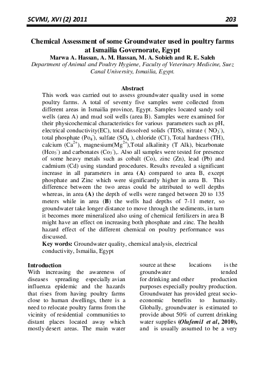 (PDF) Chemical Assessment of some Groundwater used in poultry farms at ...