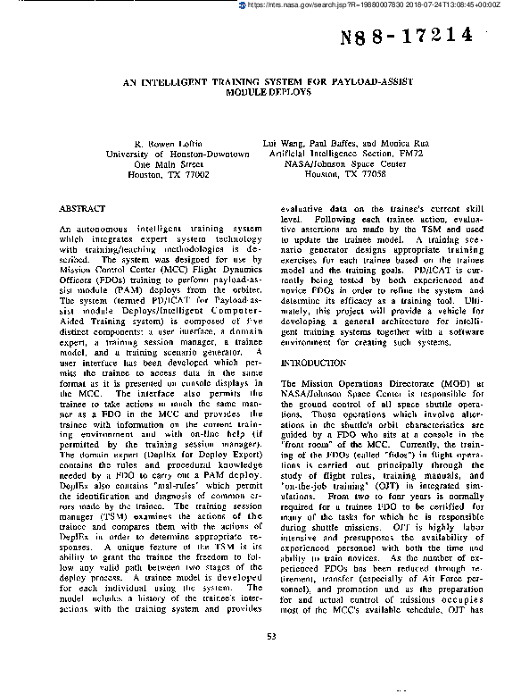 (PDF) An Intelligent Training System For Payload-Assist Module Deploys