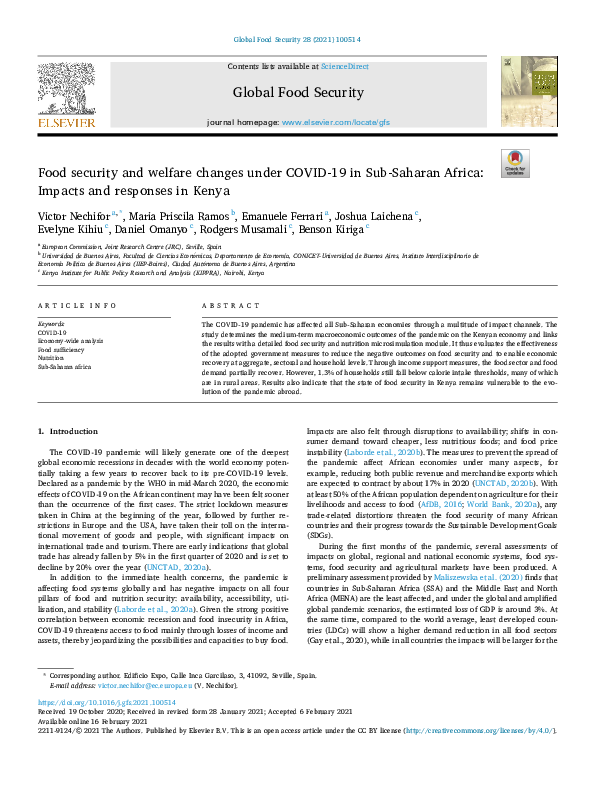 (PDF) Food security and welfare changes under COVID-19 in Sub-Saharan ...