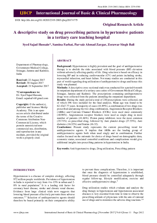 (PDF) A descriptive study on drug prescribing pattern in hypertensive ...