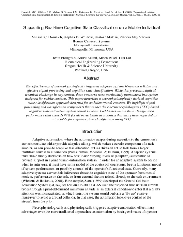 Pdf Supporting Real Time Cognitive State Classification On A Mobile Individual