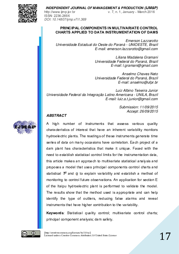 (PDF) Principal Components in Multivariate Control Charts Applied to Data Instrumentation of Dams