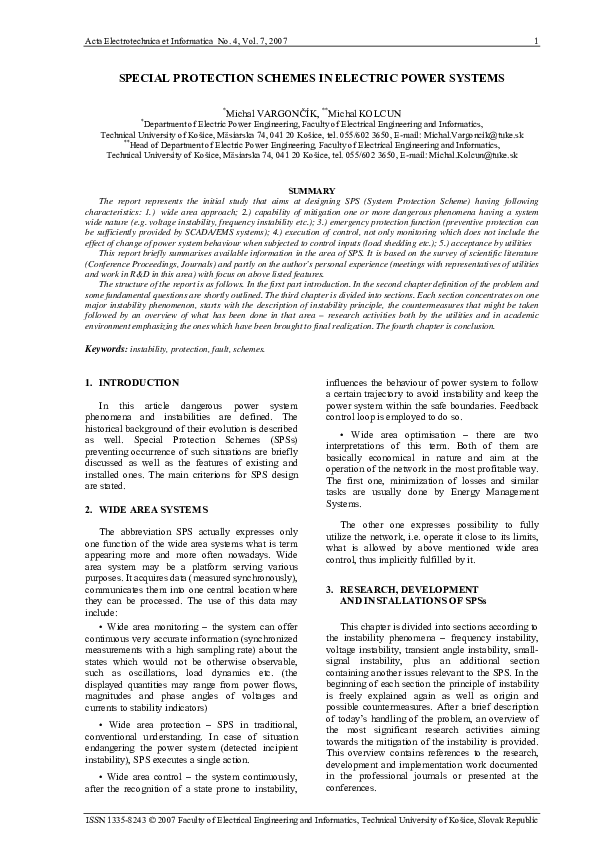(PDF) Special Protection Schemes in Electric Power Systems