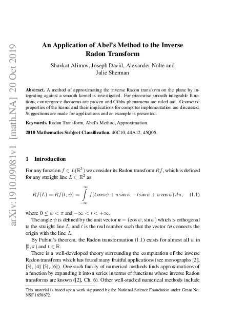(PDF) An Application of Abel's Method to the Inverse Radon Transform