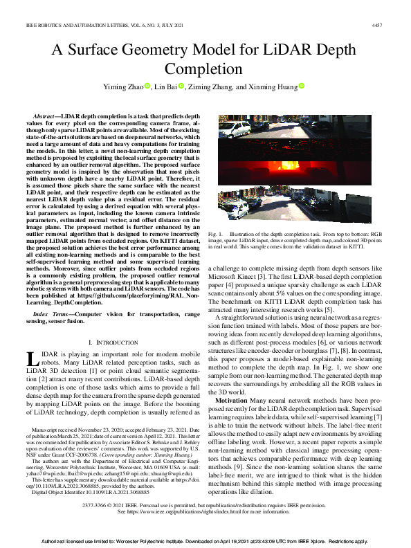 (PDF) A Surface Geometry Model for LiDAR Depth Completion
