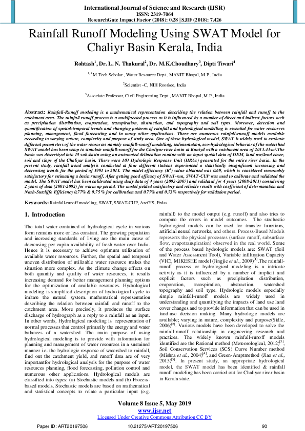 (PDF) Rainfall Runoff Modeling Using SWAT Model for Chaliyr Basin Kerala, India
