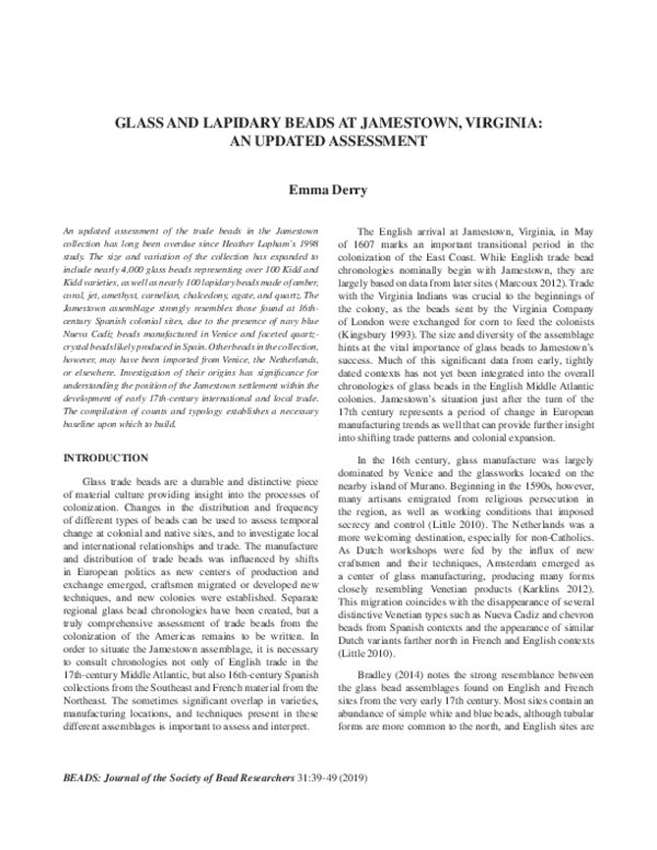 (PDF) Emma Derry -- Glass and Lapidary Beads at Jamestown, Virginia: An ...