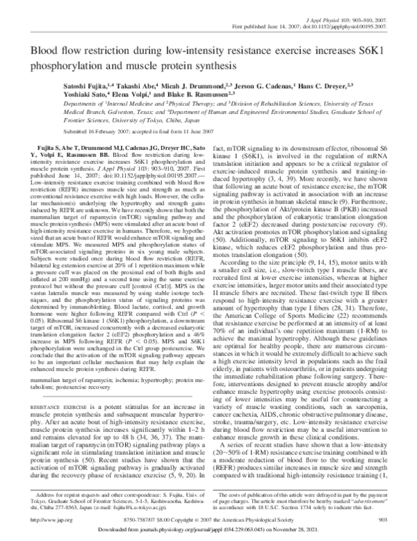 (PDF) Blood flow restriction during low-intensity resistance exercise increases S6K1 ...