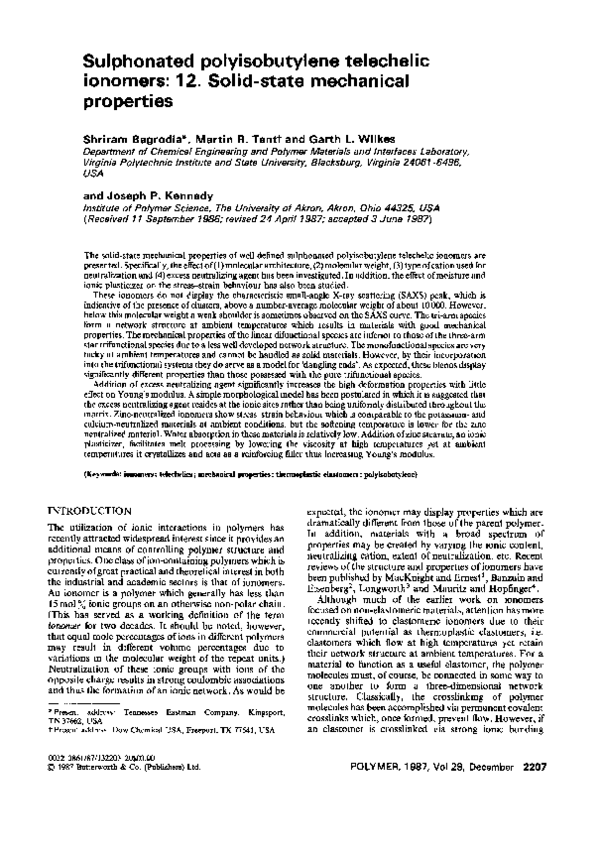 (PDF) Sulphonated polyisobutylene telechelic ionomers: 12. Solid-state ...
