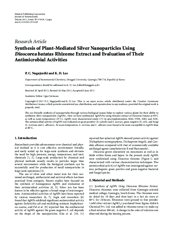 (PDF) Synthesis of Plant-Mediated Silver Nanoparticles UsingDioscorea batatasRhizome Extract and ...