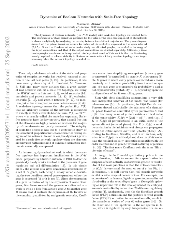 Pdf Dynamics Of Boolean Networks With Scale Free Topology Maximino Aldana