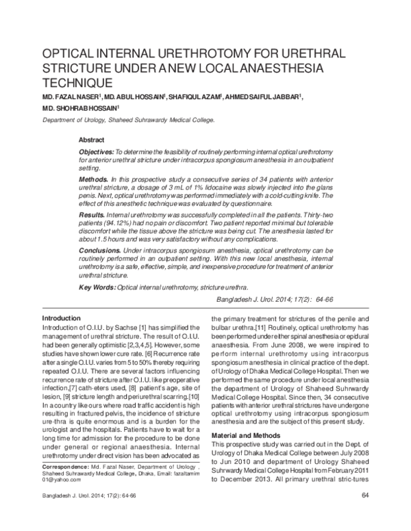 Optical Internal Urethrotomy for Urethral Stricture Under a New Local ...