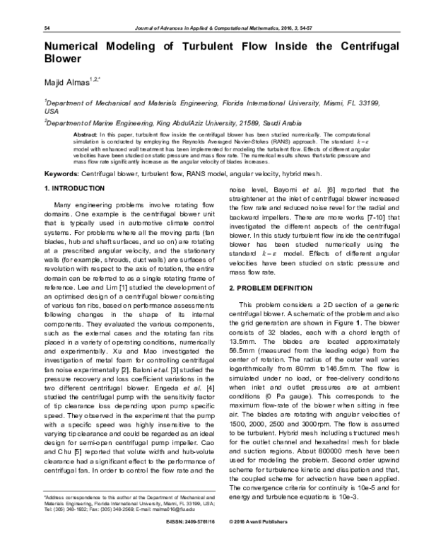 (PDF) Numerical Modeling of Turbulent Flow Inside the Centrifugal Blower