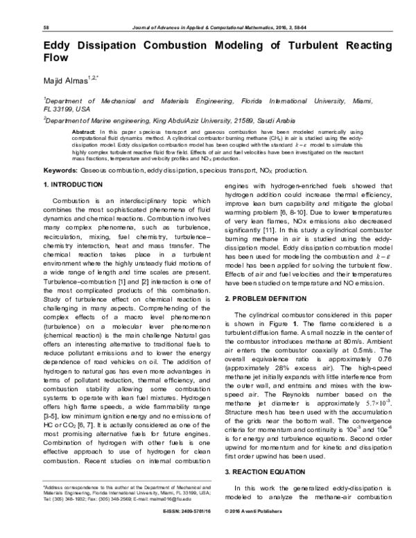 (PDF) Eddy Dissipation Combustion Modeling of Turbulent Reacting Flow