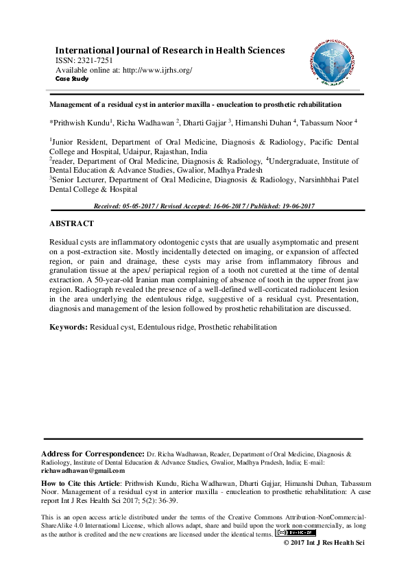 (PDF) Management of a residual cyst in anterior maxilla-enucleation to prosthetic rehabilitation