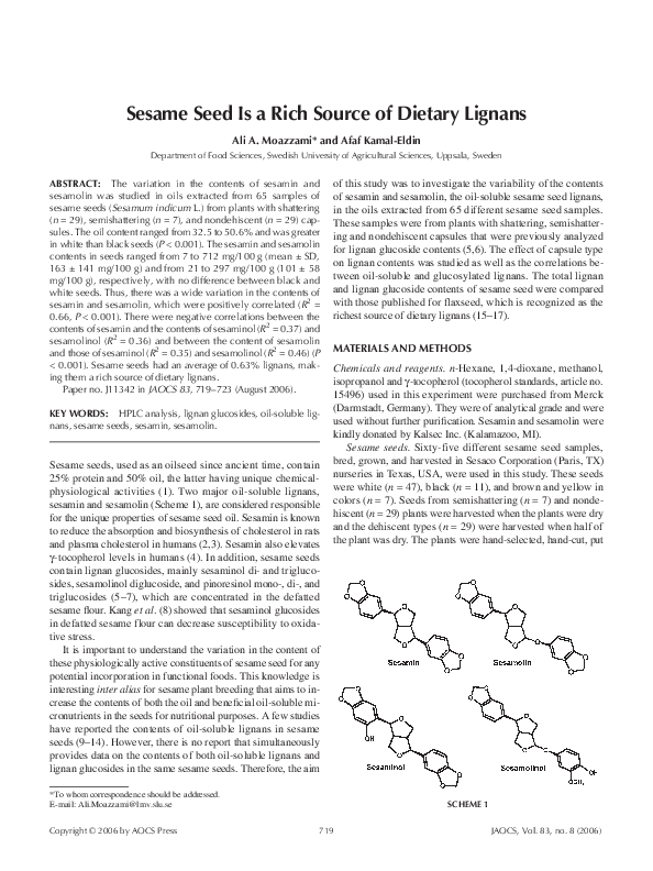 (PDF) Sesame seed is a rich source of dietary lignans