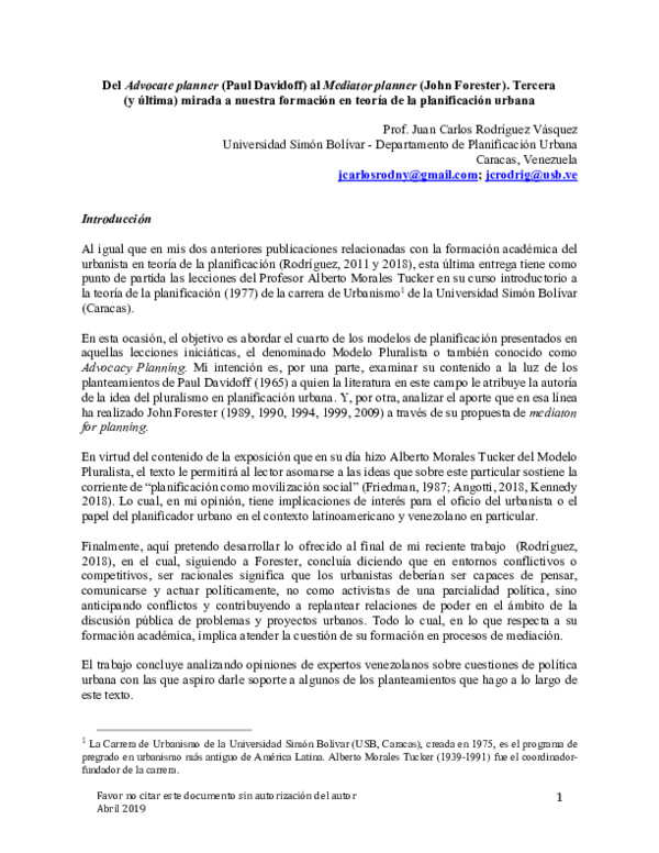 (PDF) Del Advocate planner (Paul Davidoff) al Mediator planner (John ...