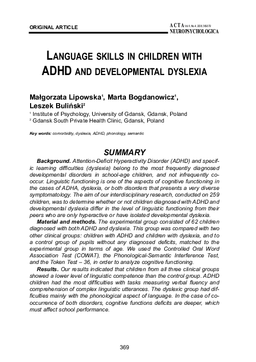 (PDF) Language Skills in Children with Adhd and Developmental Dyslexia