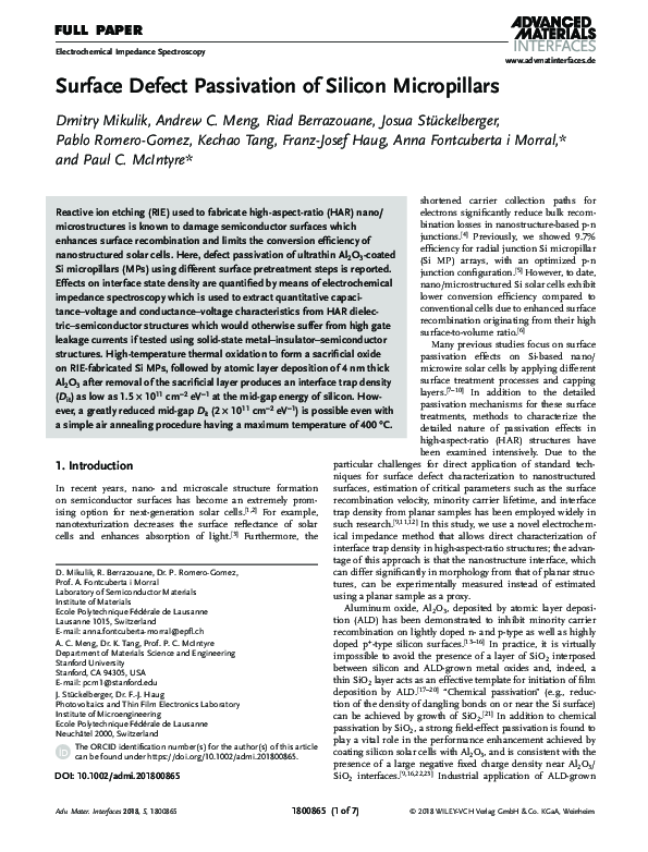 (PDF) Surface Defect Passivation of Silicon Micropillars