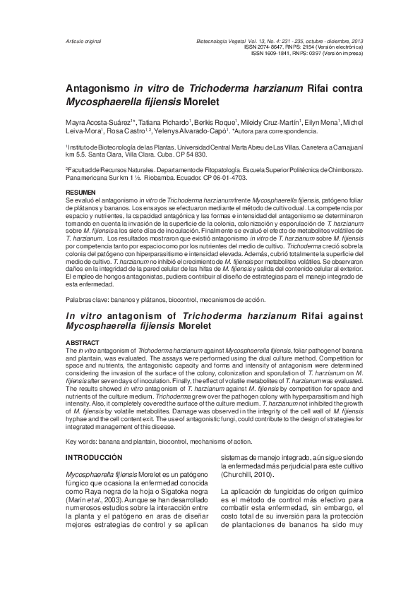 (PDF) Antagonismo in vitro de Trichoderma harzianum Rifai contra Mycosphaerella fijiensis ...